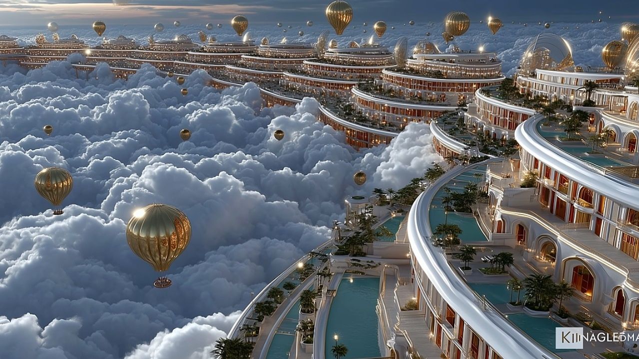 Floating Sky City Night Ambience 🌌 | Dreamy Water Garden Sounds + Soft Warm Humming | 1 Hour Loop