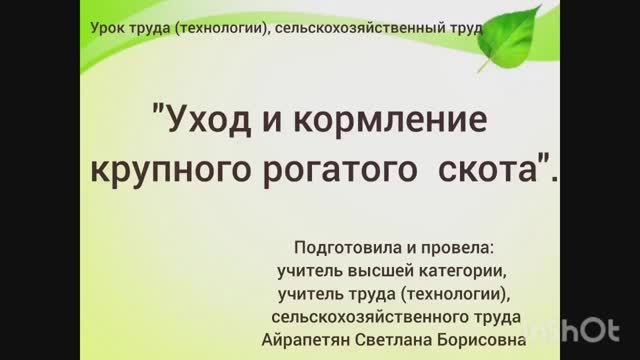 Видеофрагмент урока "Уход и кормление крупного рогатого скота"