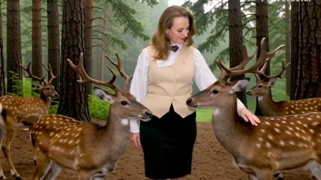 Девушка менеджер МФЦ гладит лесных оленей в национальном парке.