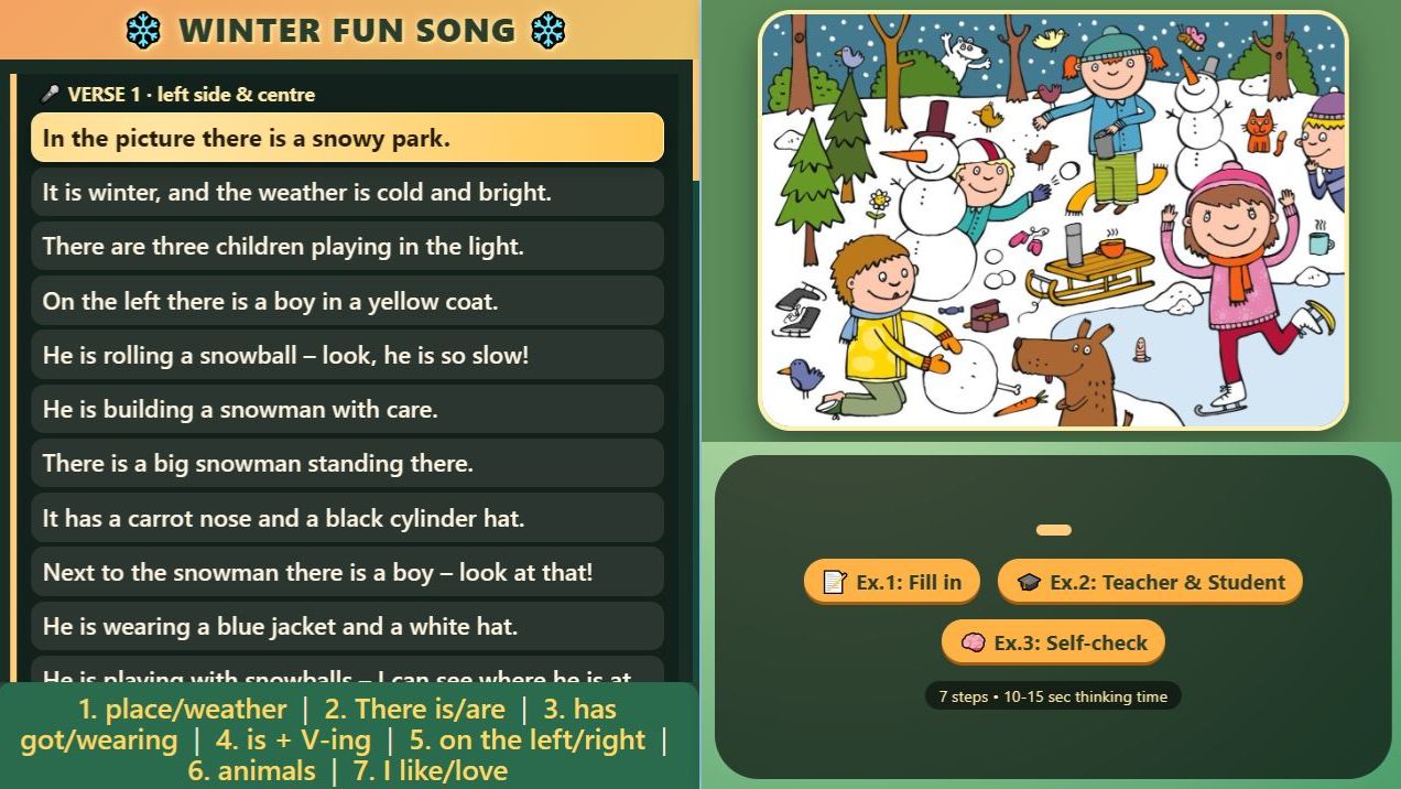 Тренажёр описания картинки по английскому. 4 КЛАСС. Песня + задания с проверкой