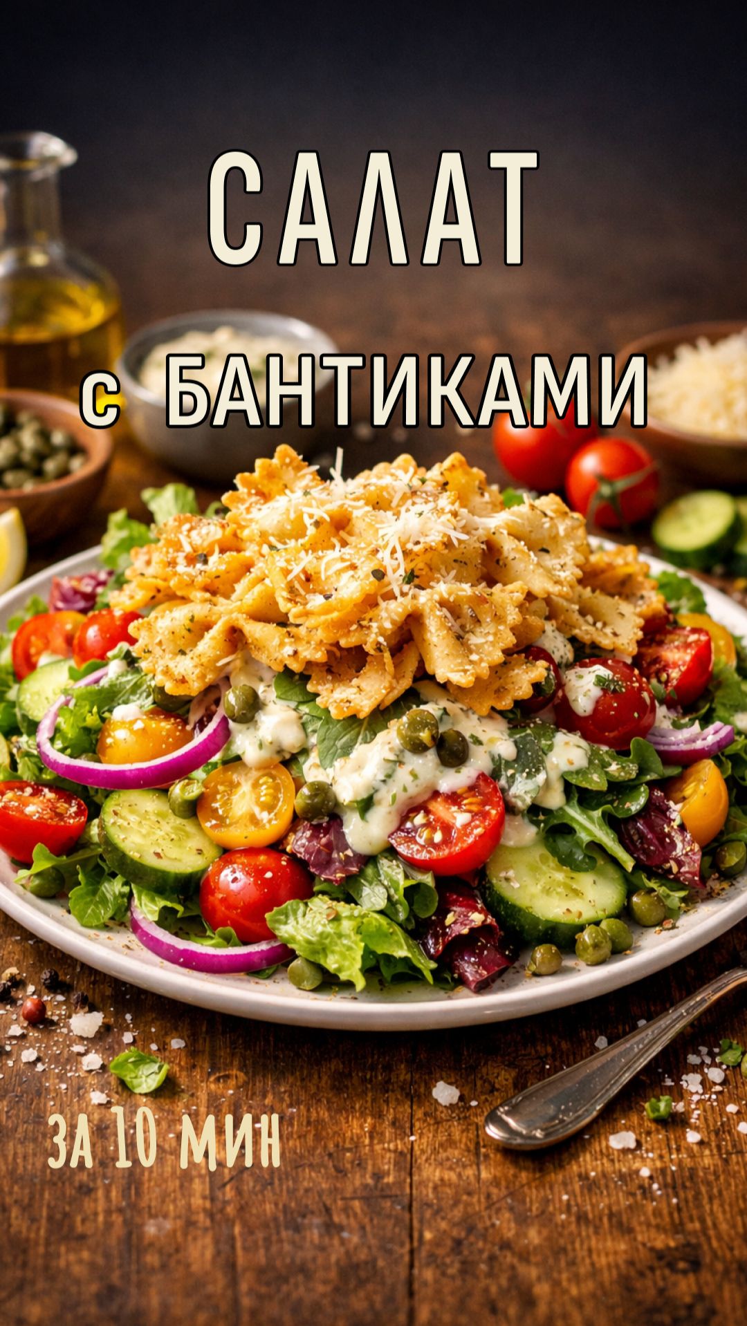 Салат с бантиками за 10 минут — быстрый и очень вкусный рецепт.