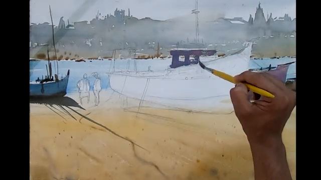 Boat on seashore Watercolour Landscape Painting Ganesh Hire