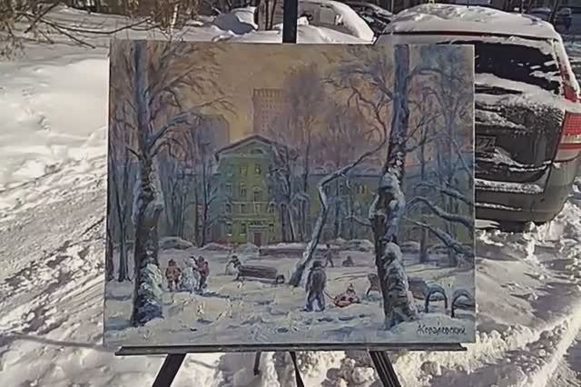 563. Зима в Измайлово. Дом с лампочкой 45х55, х.м.. 2026