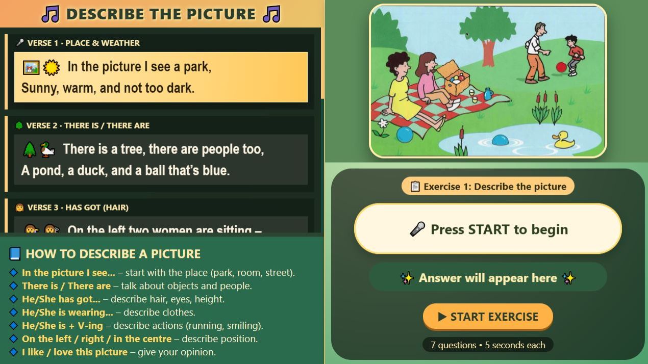 Тренажёр описания картинки по английскому. 4 класс. Песня + задания с проверкой