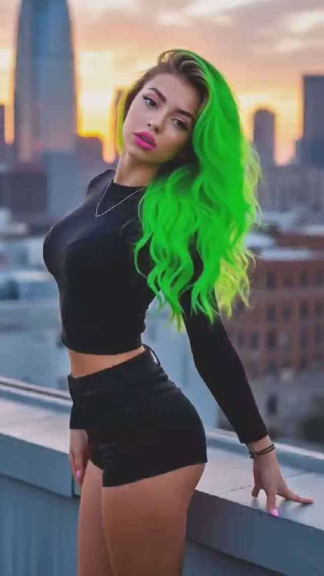 Девушка в шортиках с зелёными волосами танцует на крыше