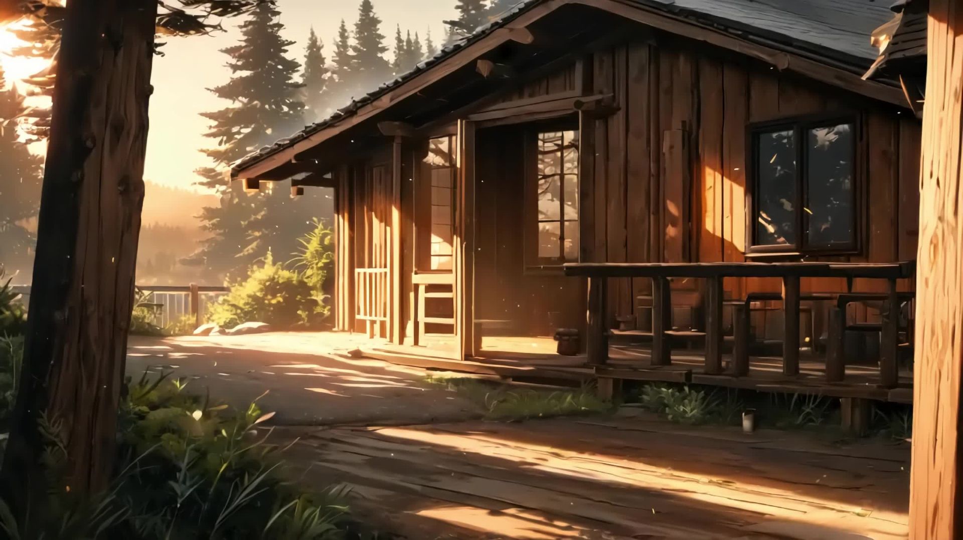 Деревянный дом вечером — уютная фоновая анимация