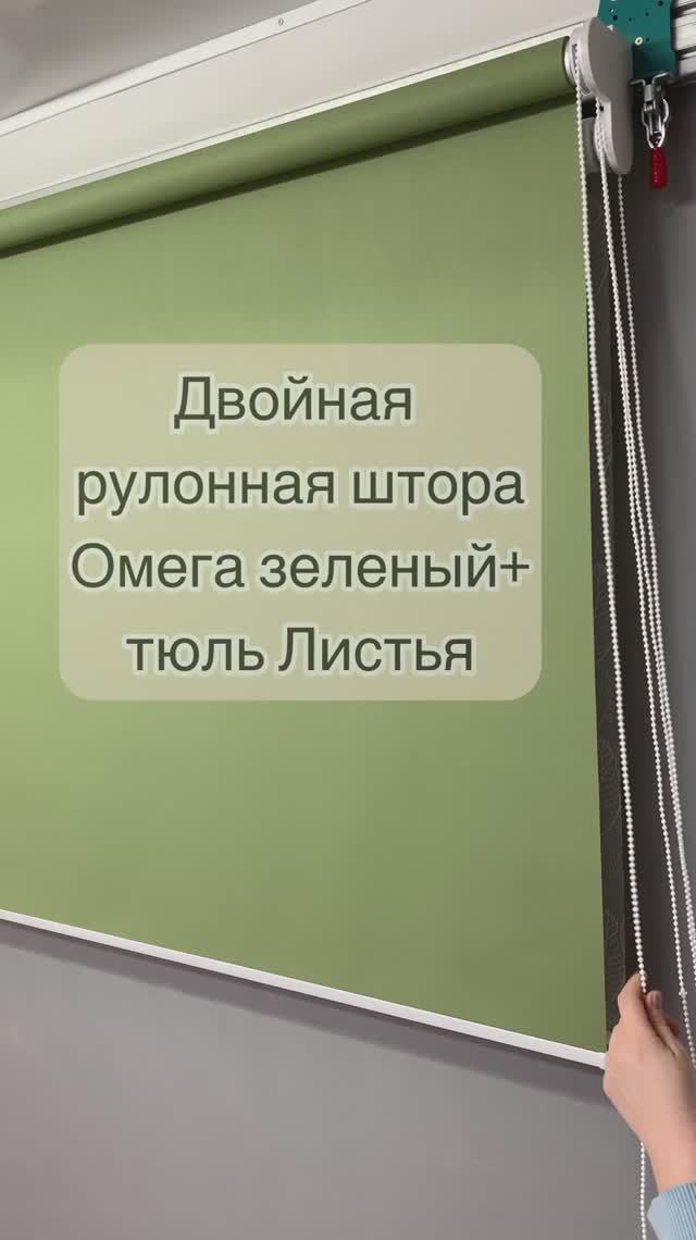Двойная рулонная штора Омега зеленый и тюль Листья