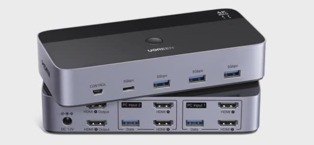 KVM Switch HDMI+USB 3.0 с двумя дисплеями, 2 входа, 2 выхода, 4K@60Hz AK500 (55455) #UGREEN