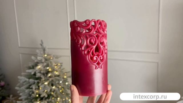 Электрическая восковая свеча КРУЖЕВНАЯ бордовая, тёплый белый LED-огонь мерцающий, таймер, 062-29