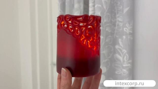 Электрическая восковая свеча КРУЖЕВНАЯ бордовая, тёплый белый LED-огонь мерцающий, таймер, 062-28