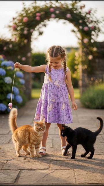 Лёгкое платье "Бонито Кидс" с милым принтом забавных котиков на сиреневом фоне - WB: 966410518