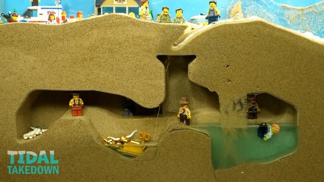 35. Cave Flood Causes Lego City Cafe to Sink - Tsunami Water Dam Breach Experiment