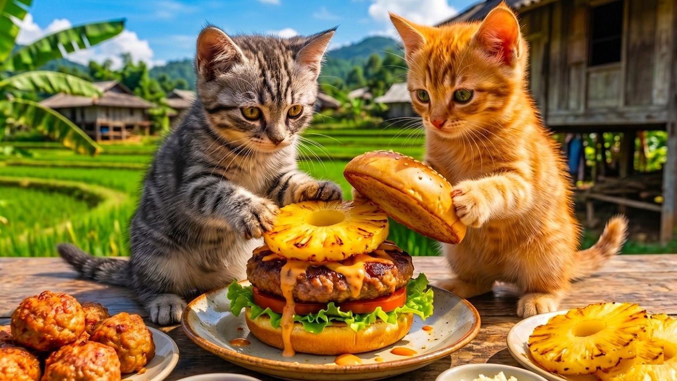 Мои Котята приготовили Гамбургер — просто пальчики оближешь! 🐱🍔