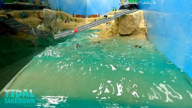 38. Train Crashes from Bridge into Flooded Canyon - Tsunami Dam Breach Experiment - Lego Train Disas