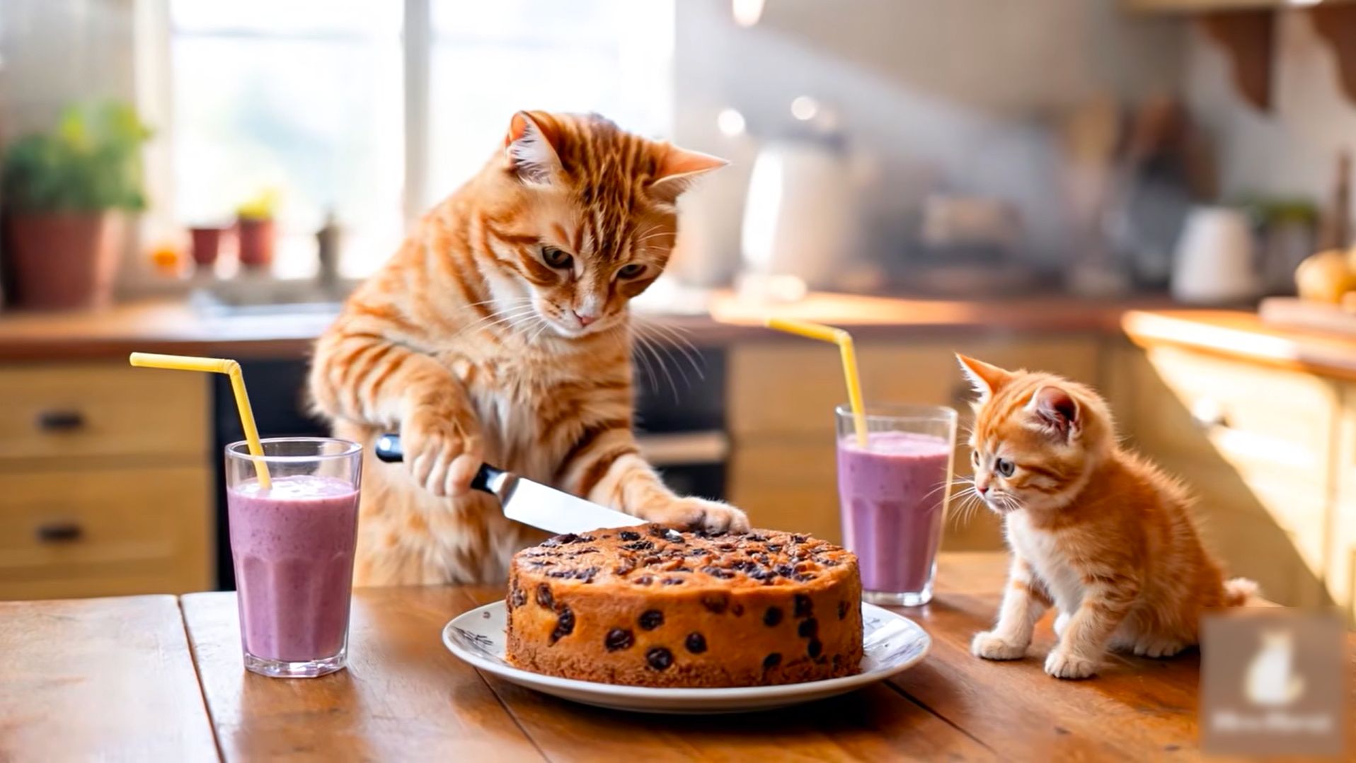 😹Мама кошечка со своим маленьким котёночком испекли вкусный пирог с изюмом🔥
