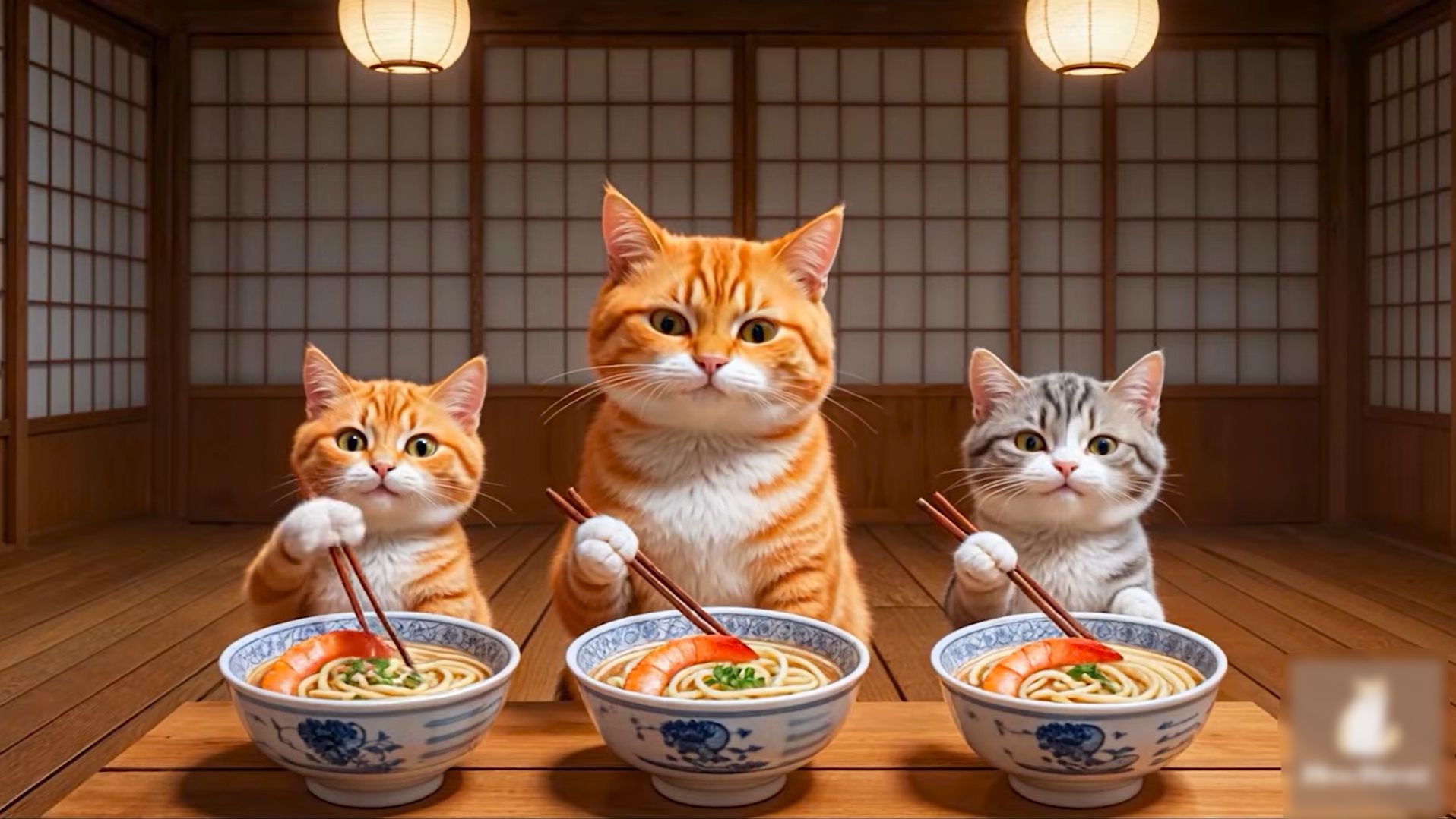 😹Мама кошечка со своими маленькими котятками ест вкусный рамен с креветками🔥