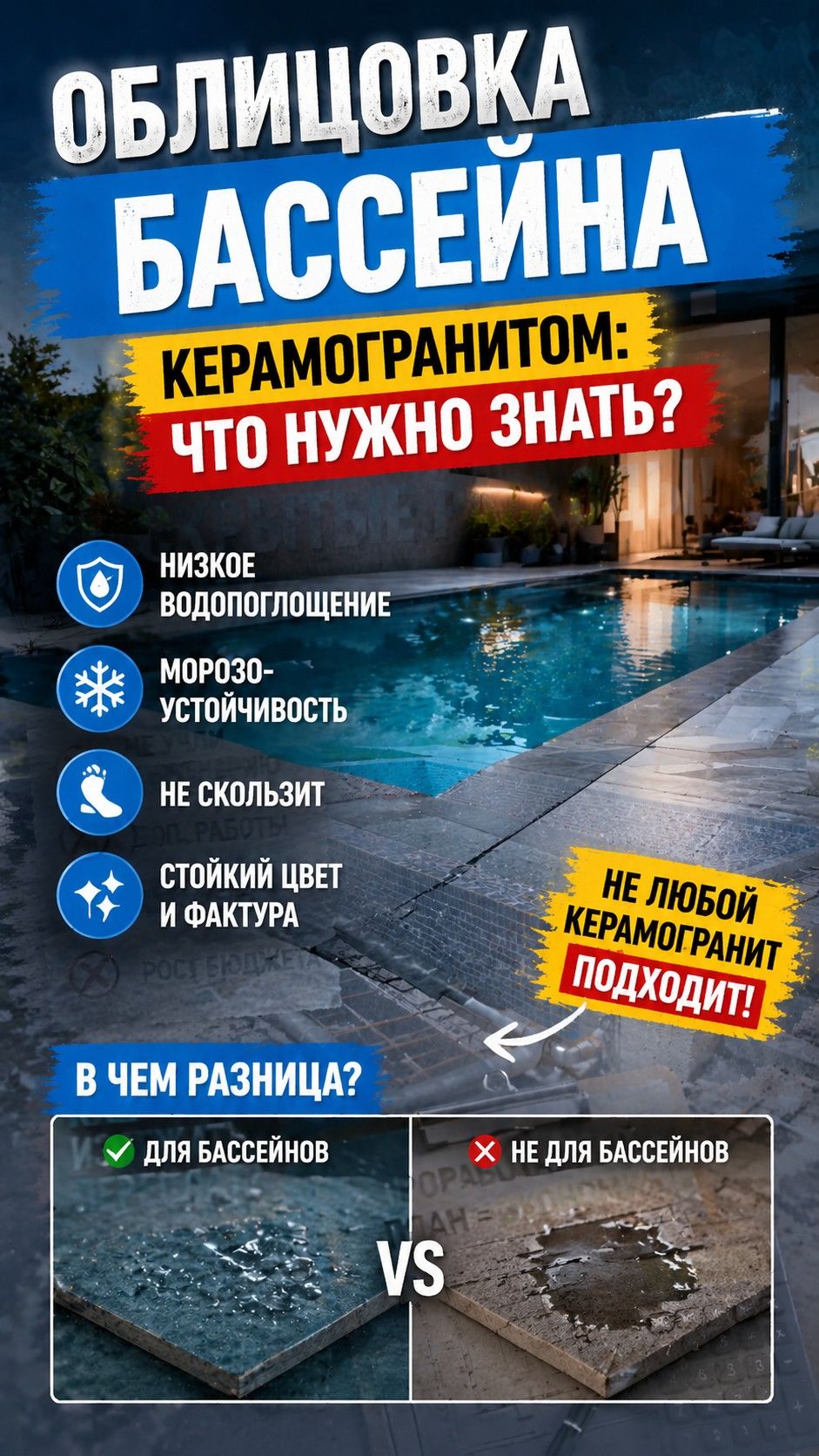 Что нужно знать об облицовке бассейна керамогранитом?