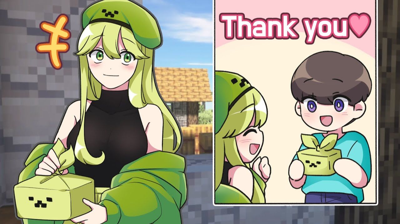 Девочка-кошка бьет Крипера Майнкрафт аниме