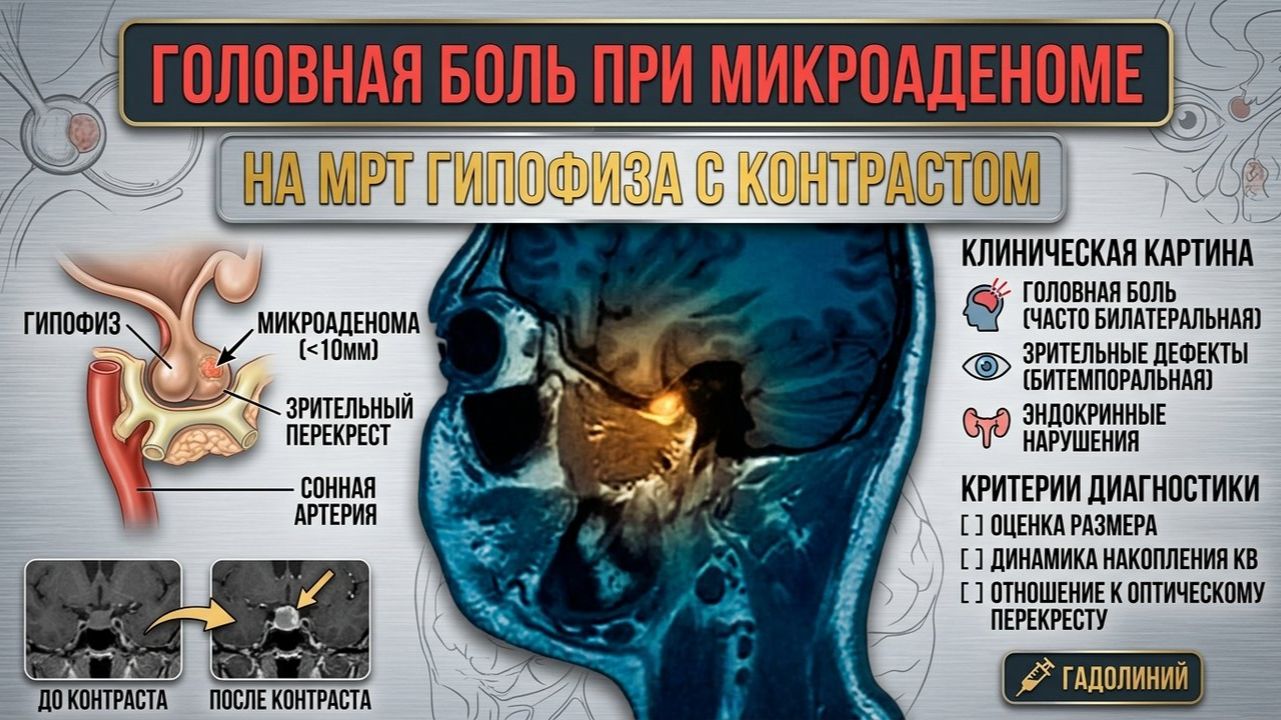 Жалобы на ГОЛОВНУЮ БОЛЬ при МИКРОАДЕНОМЕ гипофиза у мужчин на расшифровке МРТ гипофиза с КОНТРАСТОМ