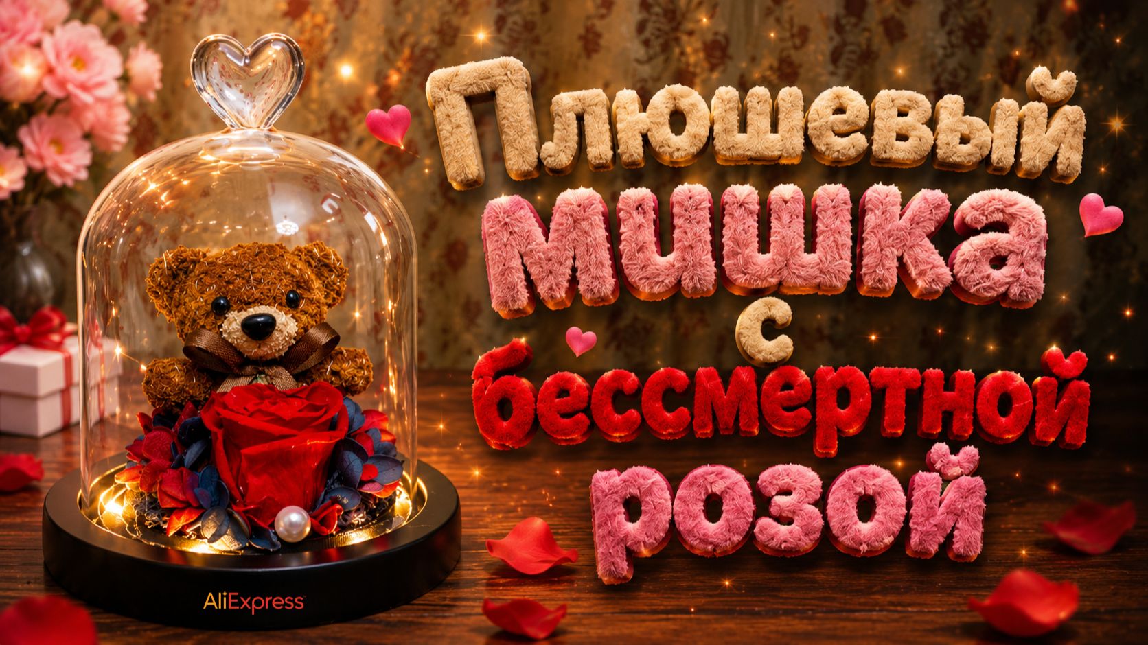 Вечная роза с мишкой в колбе с подсветкой 🥀 🧸