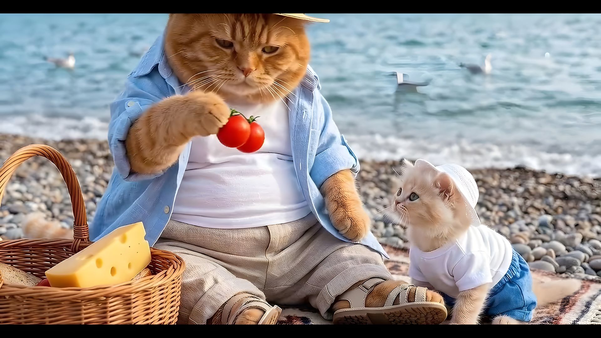 Поездка к морю. Мурзик готовит бутерброды для себя и котёнка.🤗