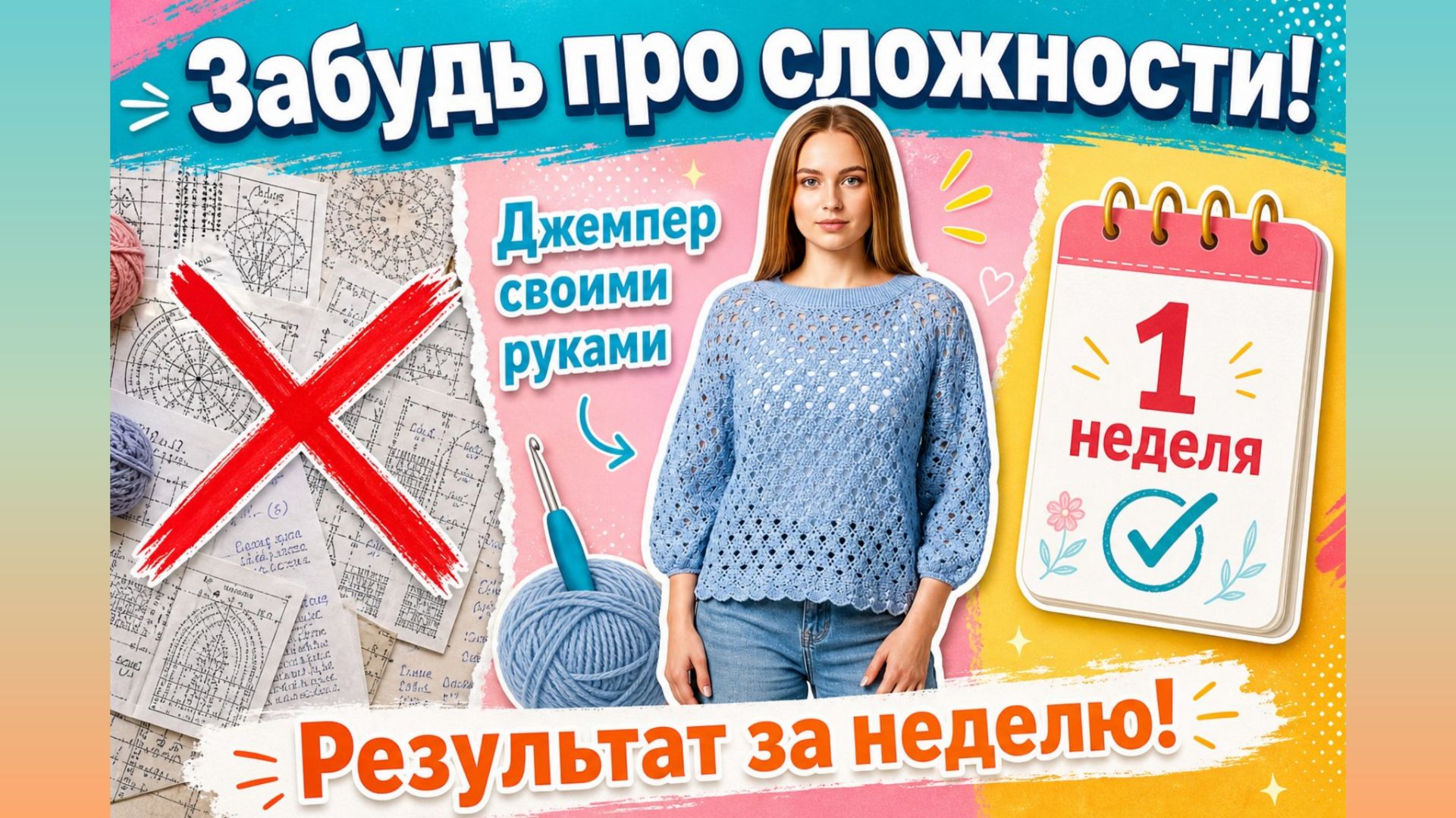 🔥Вязание крючком с нуля: создай стильный джемпер БЕЗ сложных схем и расчетов за неделю