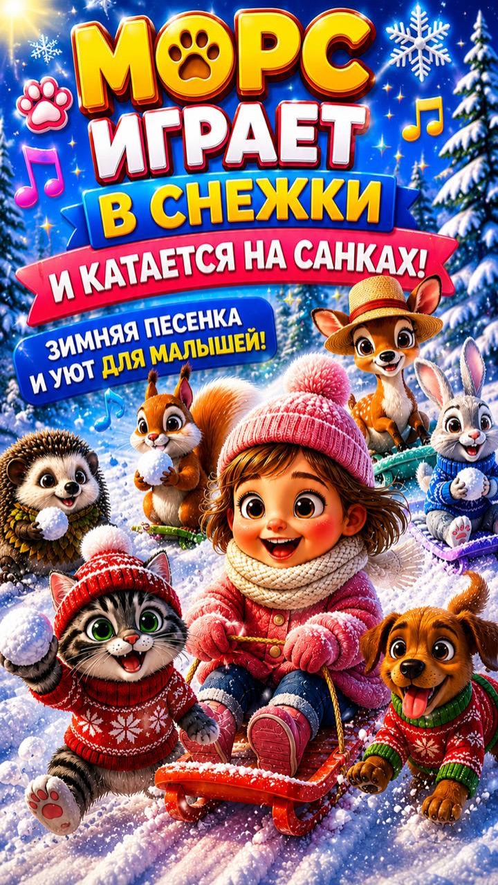 Кот Морс играет в снежки и катается на санках