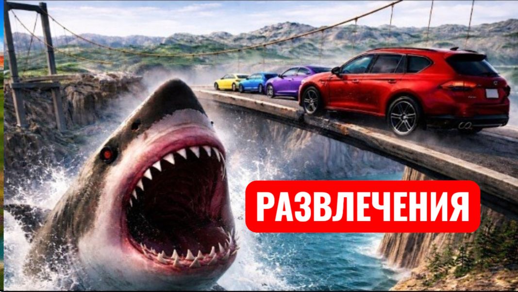 От маленьких до гигантских автомобилей против гигантской акулы. Развлечения.