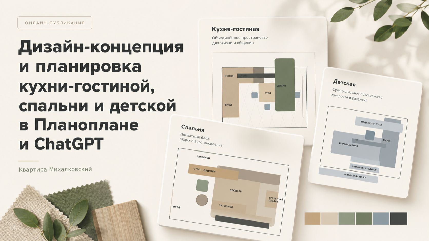 Планировка и концепция интерьера кухни-гостиной, спальни и детской в Планоплане и ChatGPT
