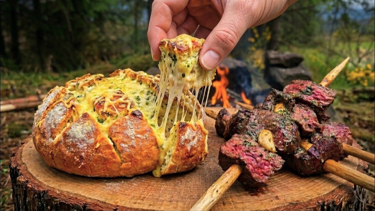 Сырный хлеб с чесночным маслом и стейк на палочках. Праздник в лесу
