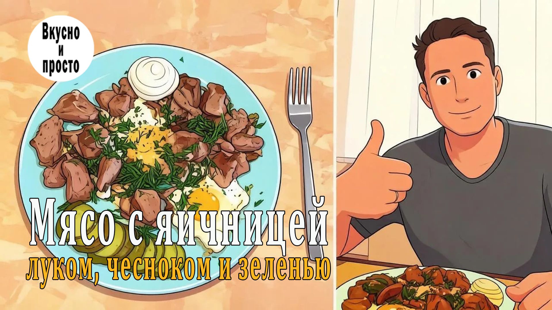 Мясо с яичницей, луком, чесноком и зеленью — просто и вкусно