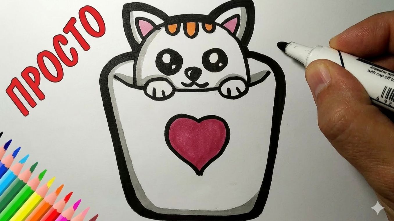 Как нарисовать МИЛОГО КОТЁНКА в кружке, Рисунки для детей и начинающих