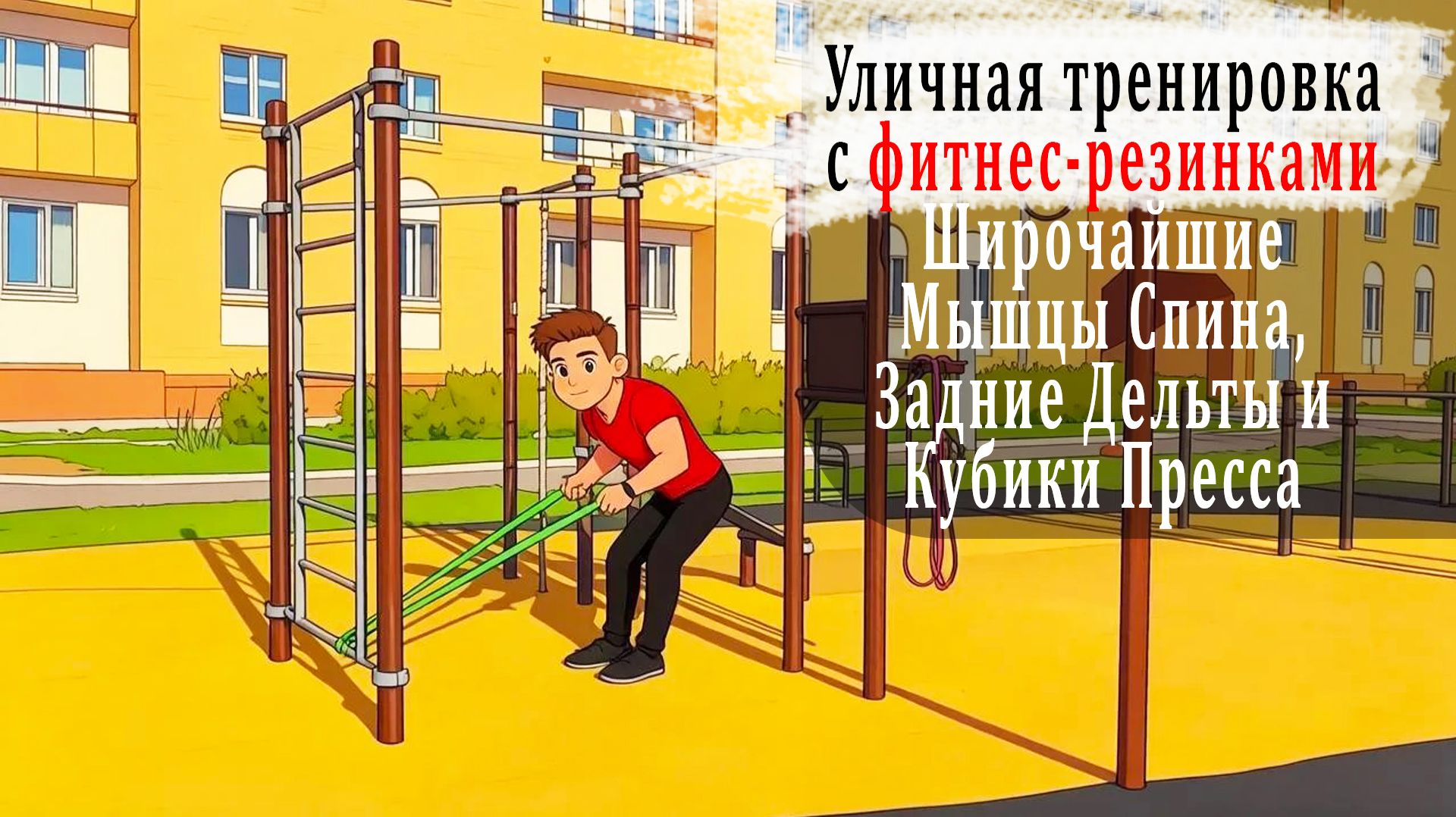 Уличная тренировка с фитнес-резинками спина, задние дельты и кубики пресса