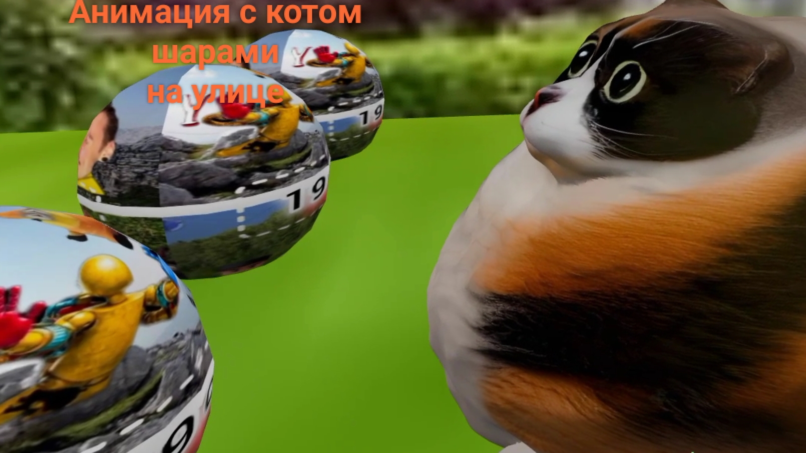 Анимация с котом и шарами на улице