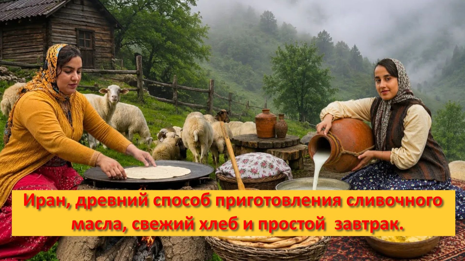 Иран, древний способ приготовления сливочного масла, свежий хлеб и простой деревенский завтрак.