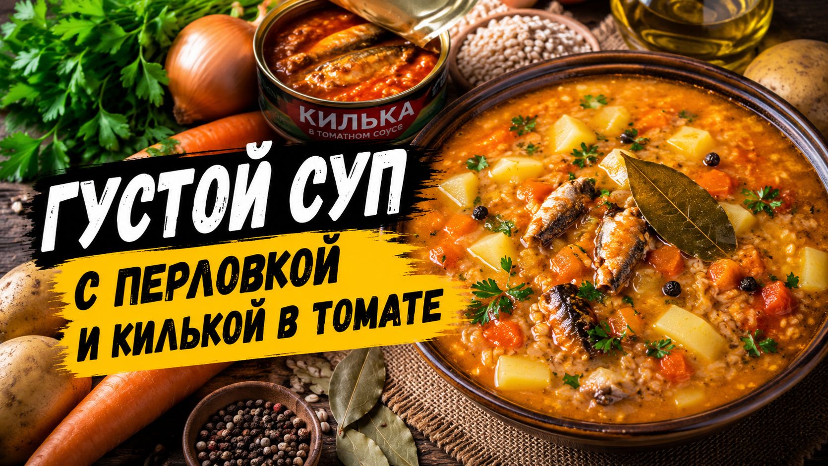 Густой суп с перловкой и килькой в томате
