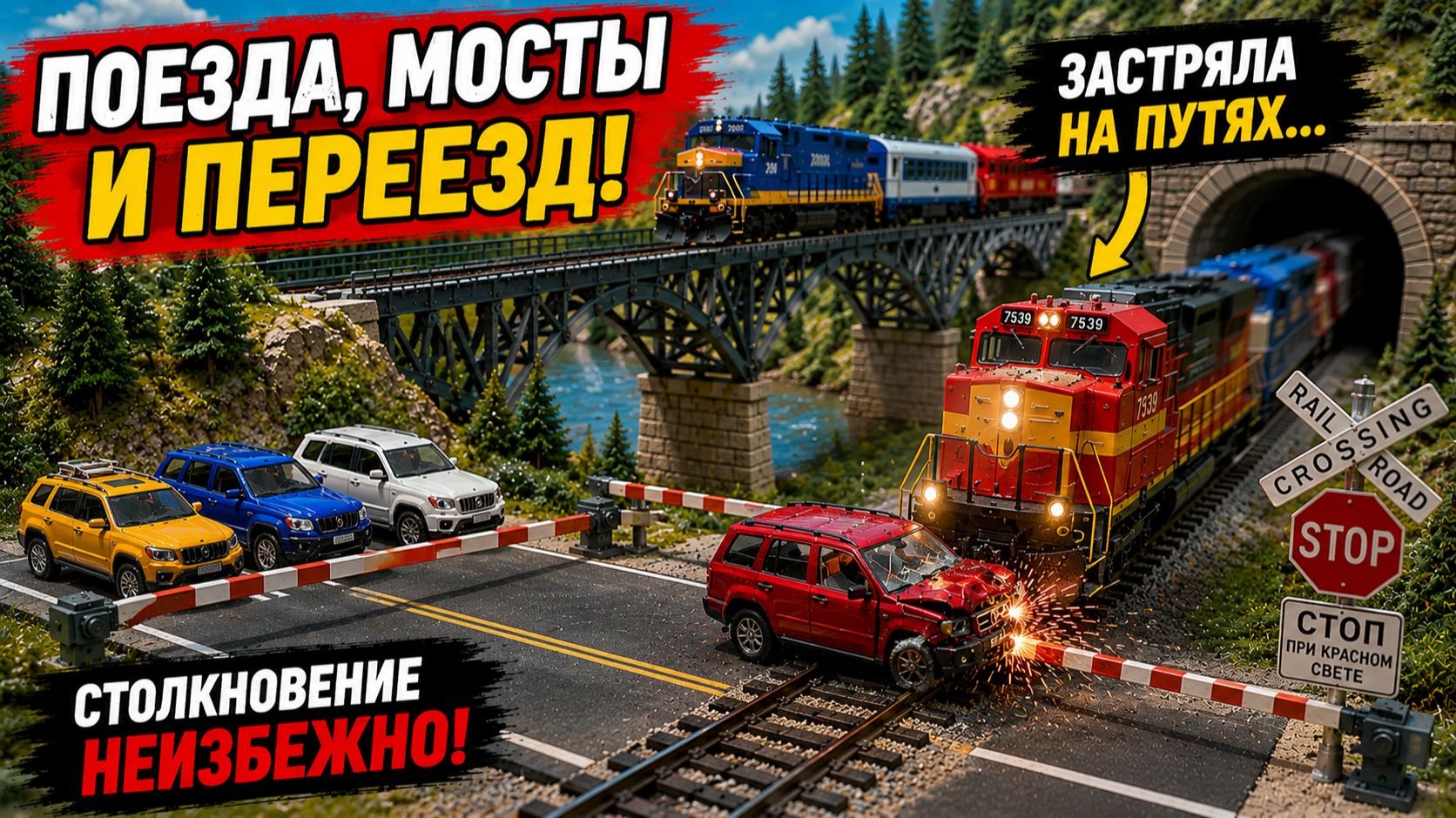 🚂 Поезд СБИЛ Машинку на Переезде! Опасный Железнодорожный Мост | Мультик про Поезда