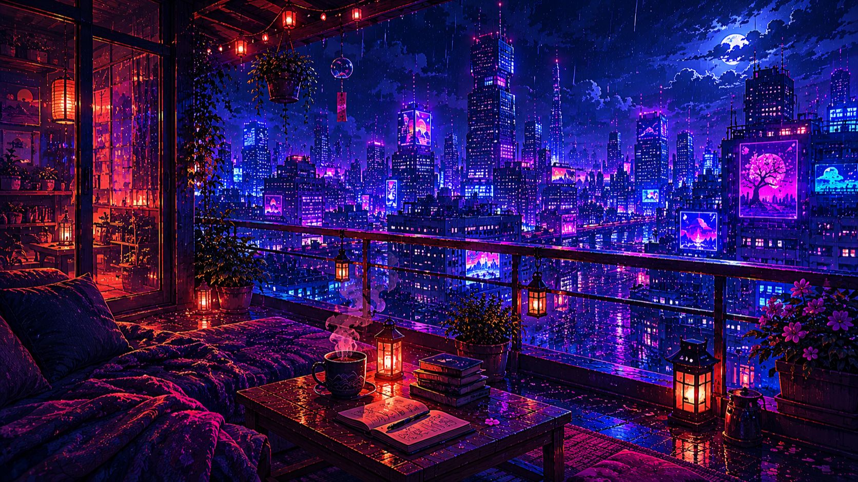 NEON RAIN LOFI 🌙 Уютный Балкон | Фиолетовый Неоновый Город | Музыка для Сна и Глубокого Отдыха Lofi