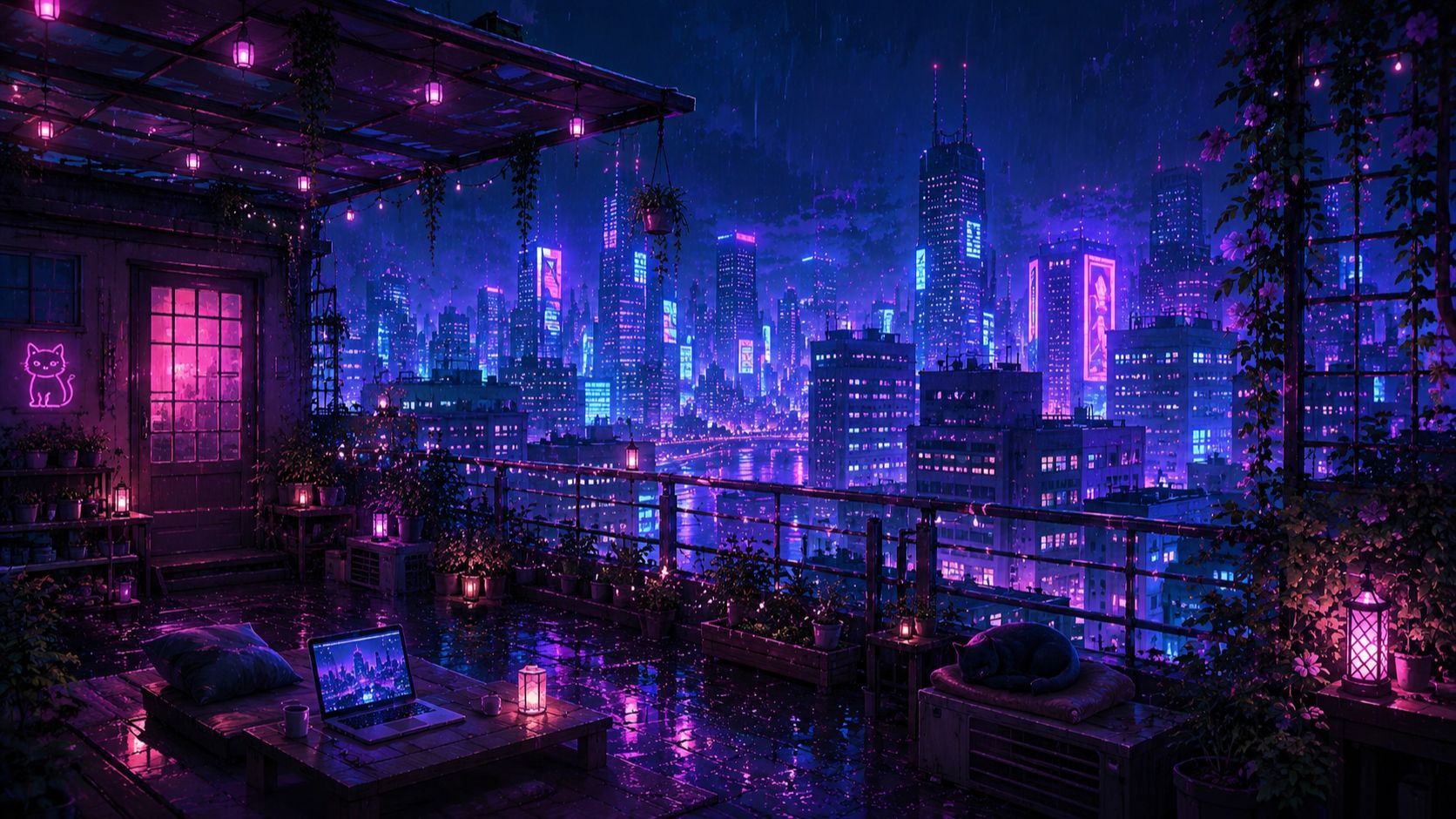 НEON RAIN LOFI 🌧️ Дождливая Крыша |  Киберпанк Ночь | Музыка для Учёбы,  Отдыха и Расслабления