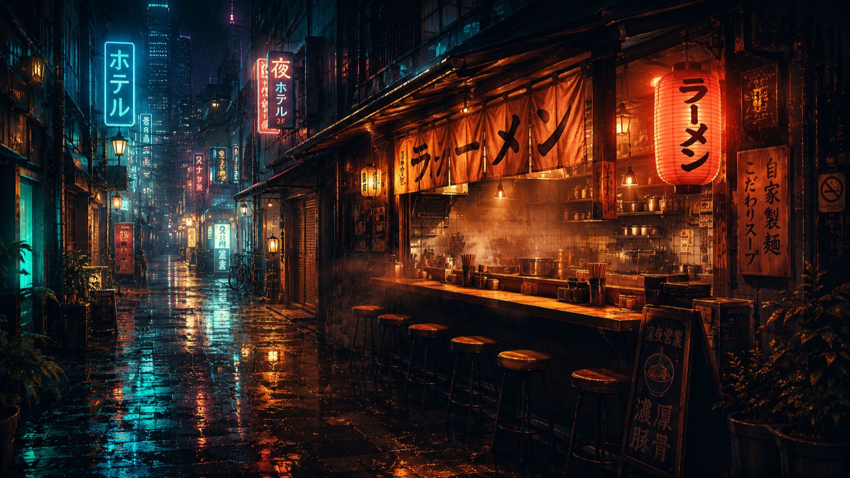 NEON RAIN LOFI 🍜 Дождливая Раменная | Киберпанк Ночь | Музыка для Учёбы и Позднего Отдыха | Static