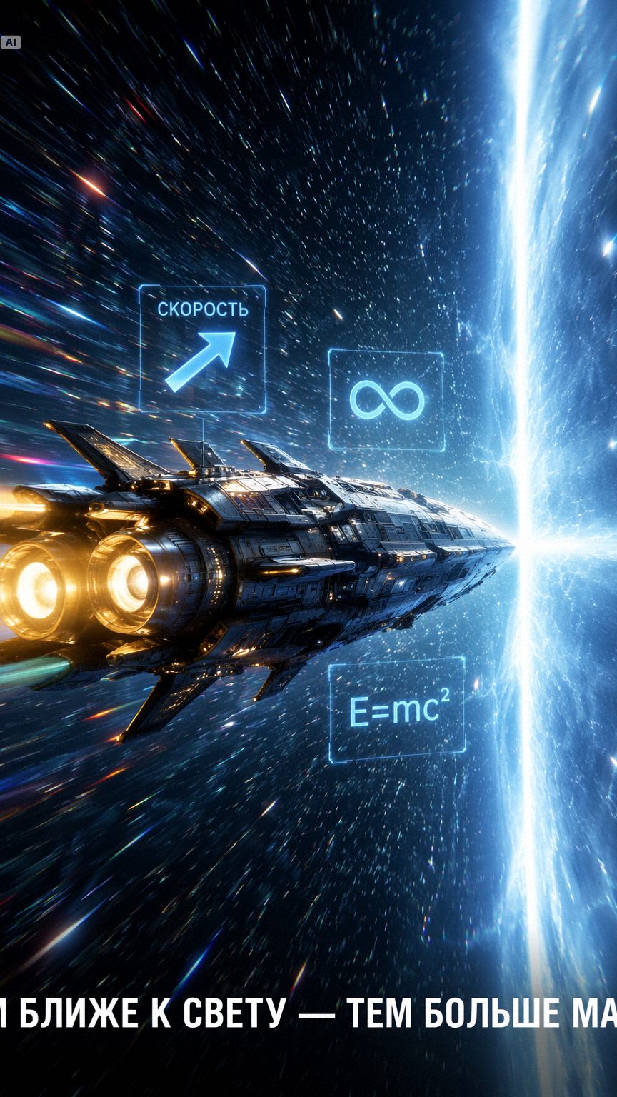 ⚡ Скорость света — предел. Чем ближе к свету — тем больше масса. Бесконечная энергия не нужна.