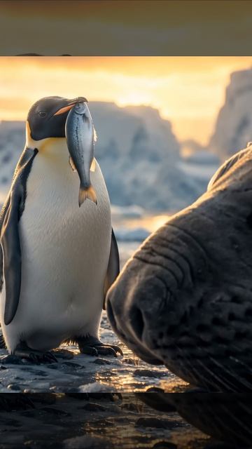 Un valiente pingüino le quita un pez a una morsa y defiende con éxito su presa del ave codiciosa.