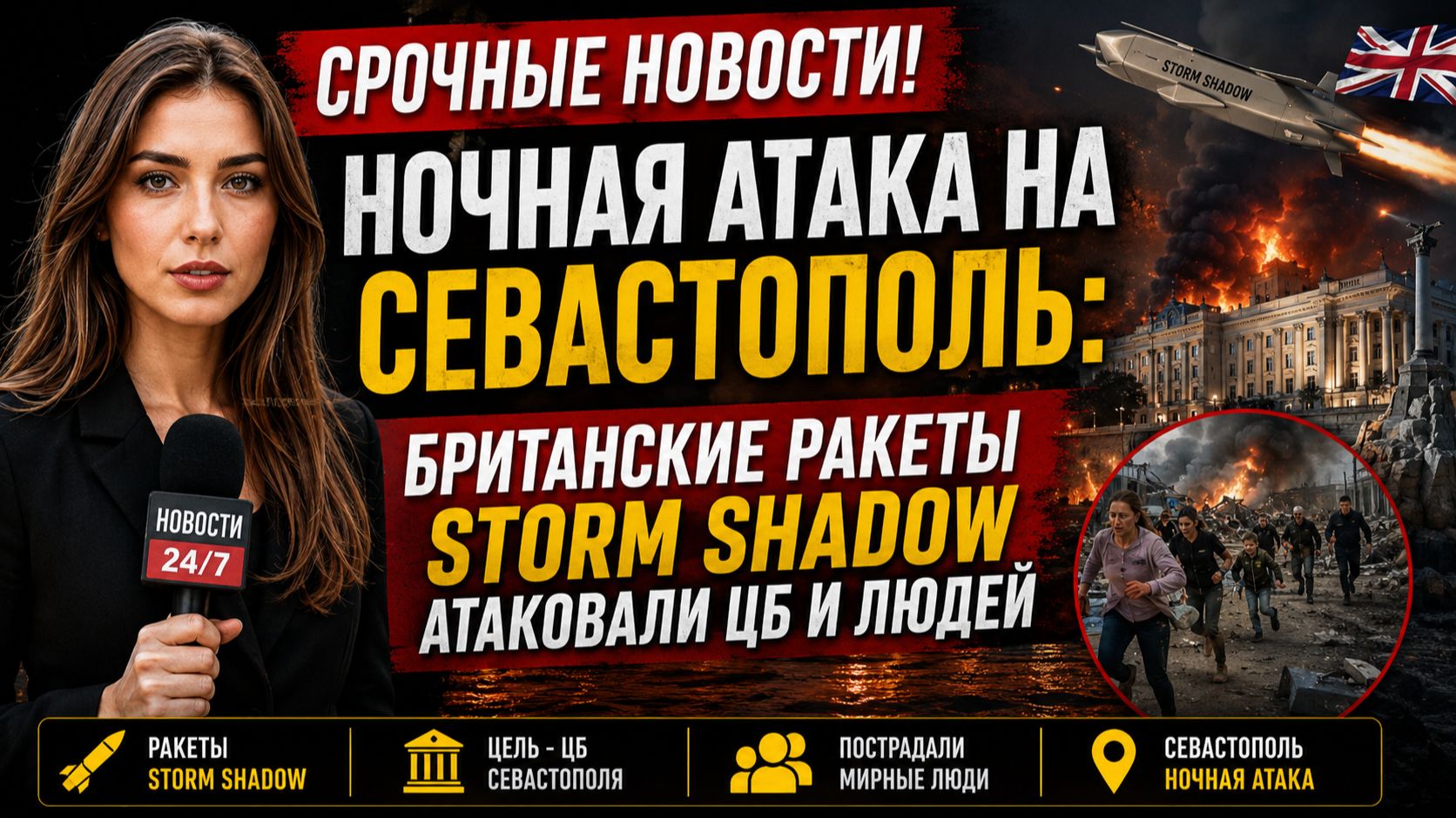 СРОЧНЫЕ НОВОСТИ! Ночная атака на Севастополь: британские ракеты Storm Shadow атаковали ЦБ и людей