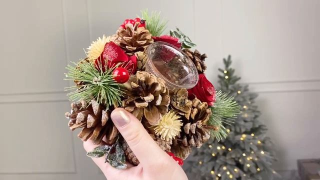 Декоративный ПОДСВЕЧНИК 'ЛЕСНОЙ ДАР: БАГРЯНЕЦ' малый, натуральные шишки, хвойные ветки, 1139182