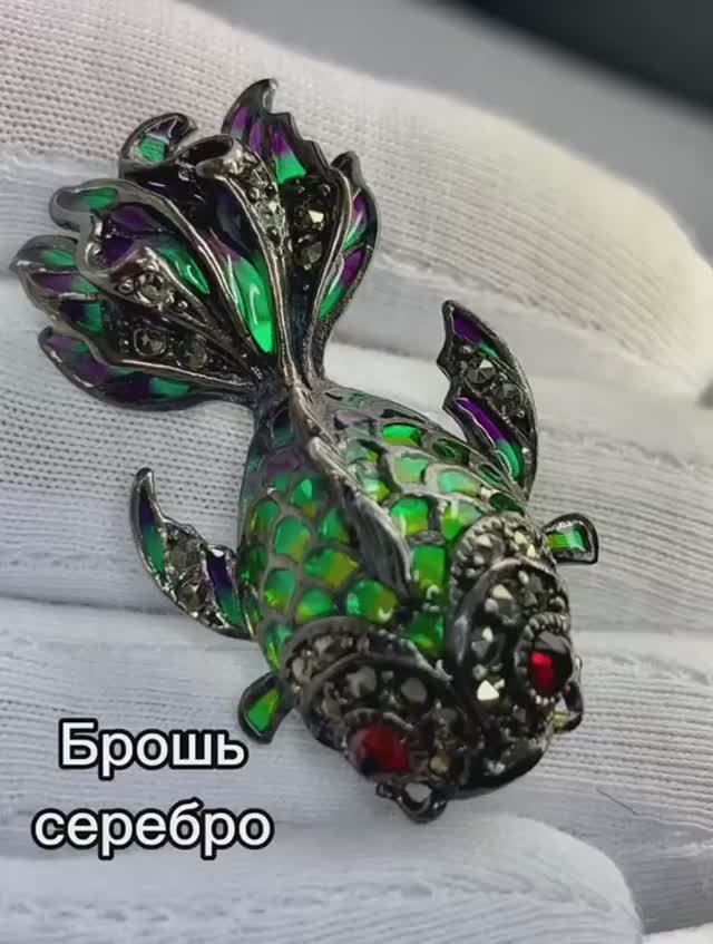 Брошь рыбка из серебра, витражное стекло #серебряная брошь #брошь рыбка