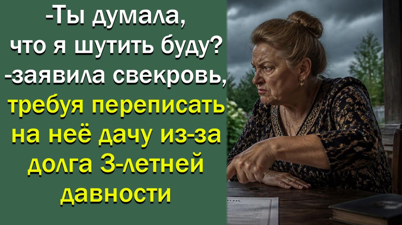 - Ты думала, что я шутить буду? -заявила свекровь, требуя переписать на неё дачу из-за долга