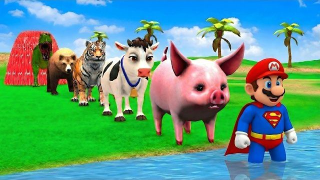Игра «Длинный слайд» с коровой, слоном, гориллой, бегемотом, тигром. Забавная 3D-игра с животными