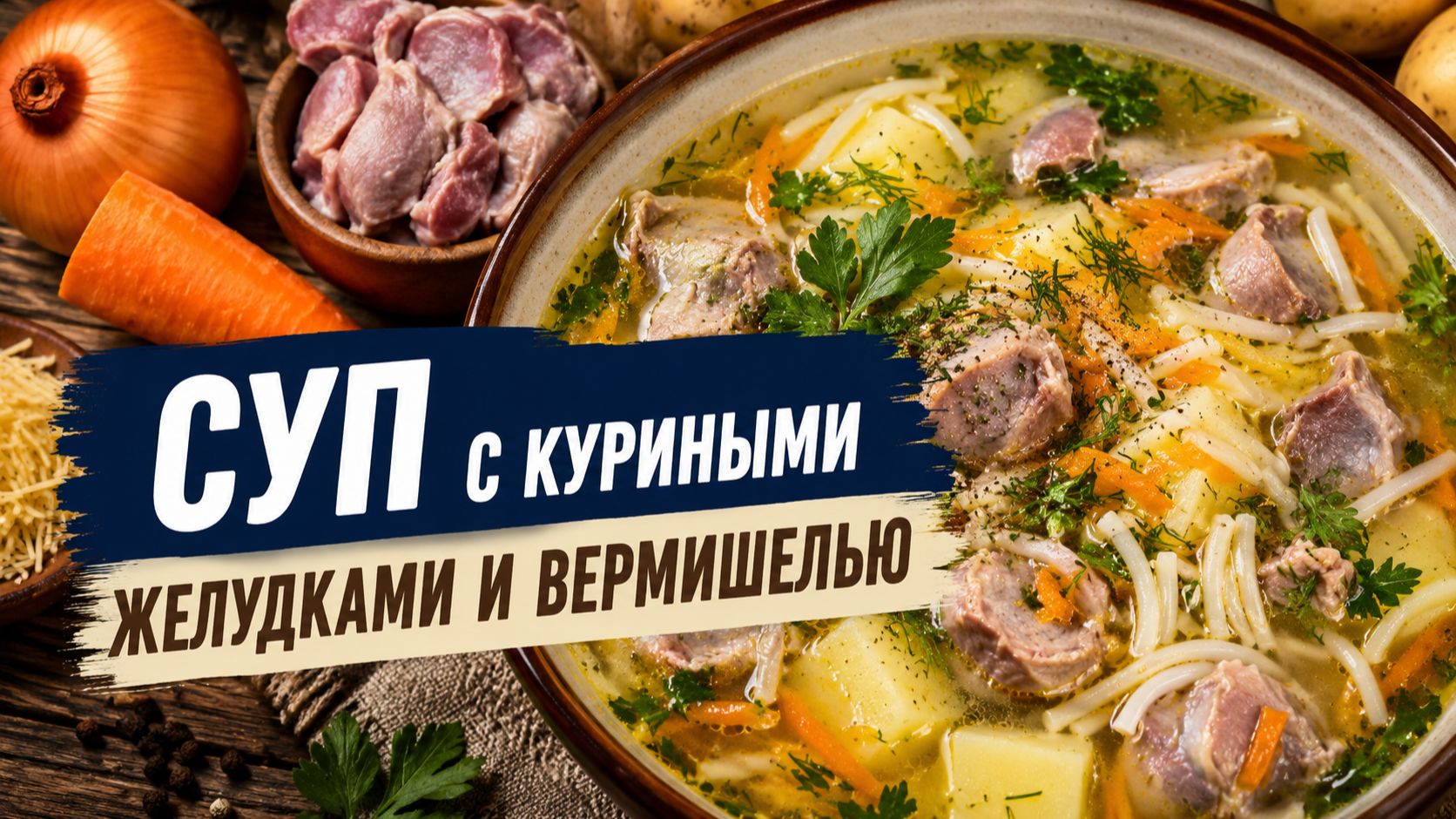 Суп с куриными желудками и вермишелью