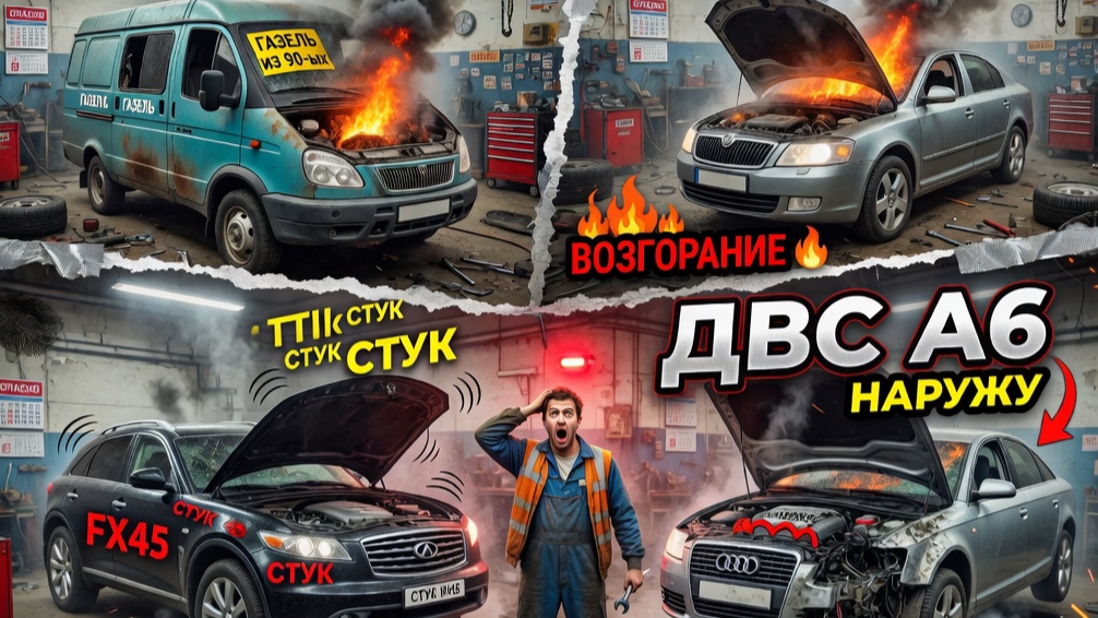 Подборка Жесть на СТО #69-70.ГАЗель из 90-ых.Возгорание в Шкоде.Стук в Инфинити FX45.ДВСу свободу!