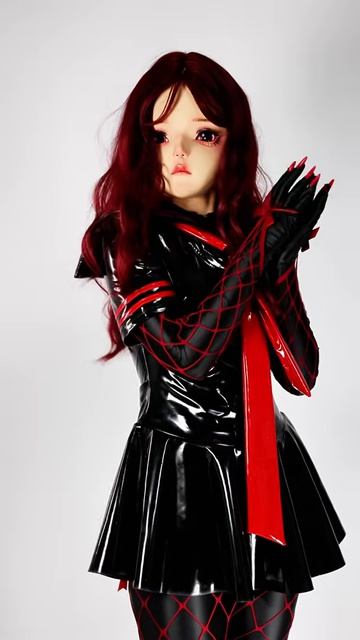 Shiny Vinyl JK Mini Dress + Red Fishnets + Kigurumi Mask